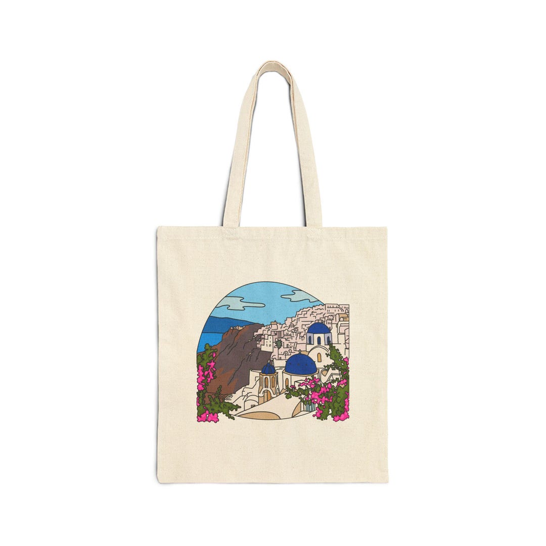 Santorini Oia Greece Tote Bag Flowers - Hand-drawn Caldera Cliffside ...