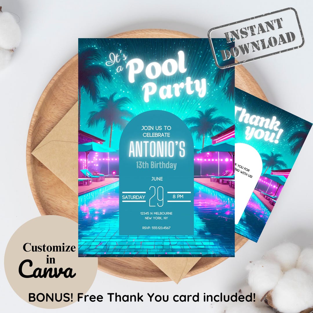Glow Pool Party Birthday Invitation, Neon Tropical Swim Party Invite ...