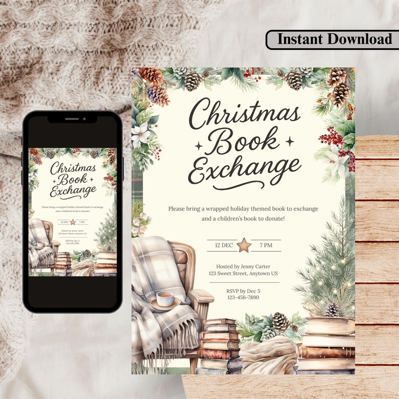 Christmas Book Exchange Invitation Template | Cozycore Holiday Party ...