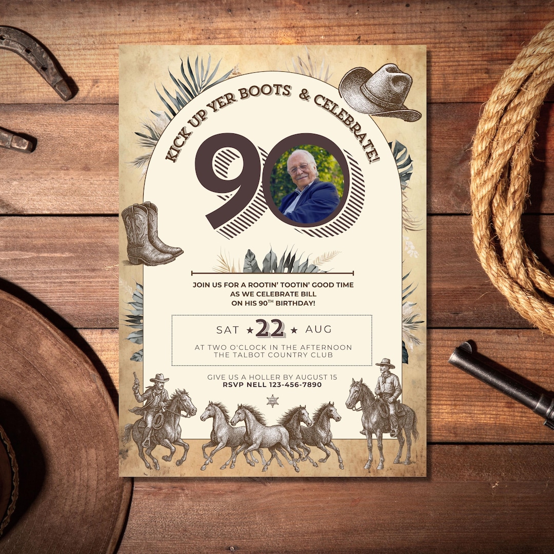 90th Birthday Party Photo Invitation for Man, Retro Boho Western Cowboy ...
