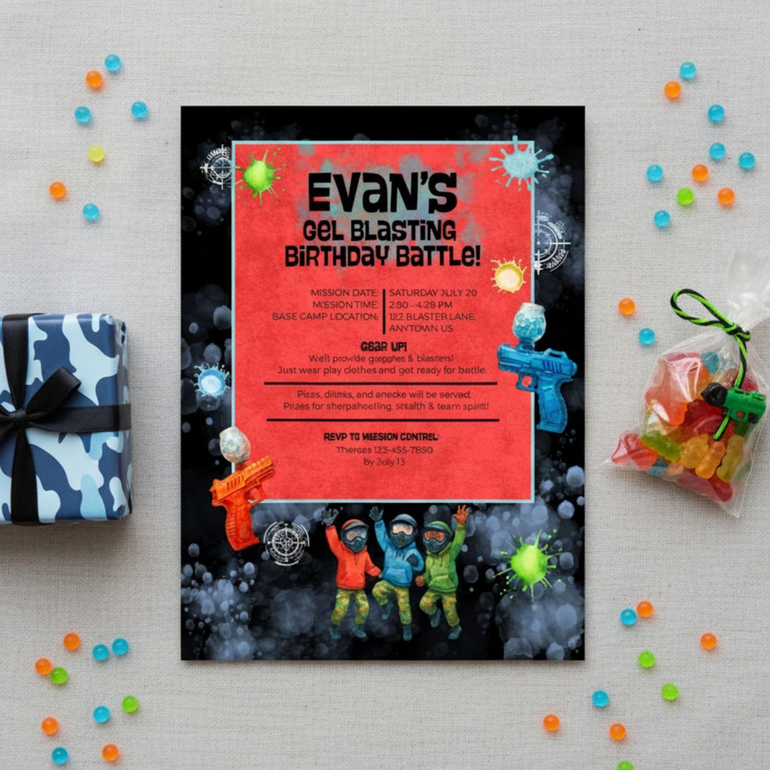Gel Blaster Birthday Invitation | Editable Battle Party Template for ...