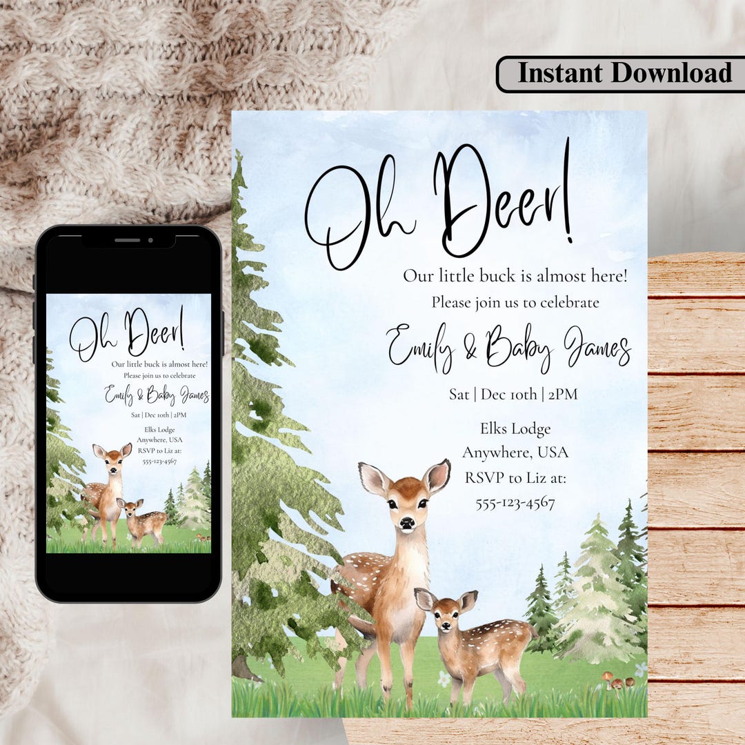 Oh Deer Baby Shower Invitation for Boy, Our Little Buck Boho Woodland ...