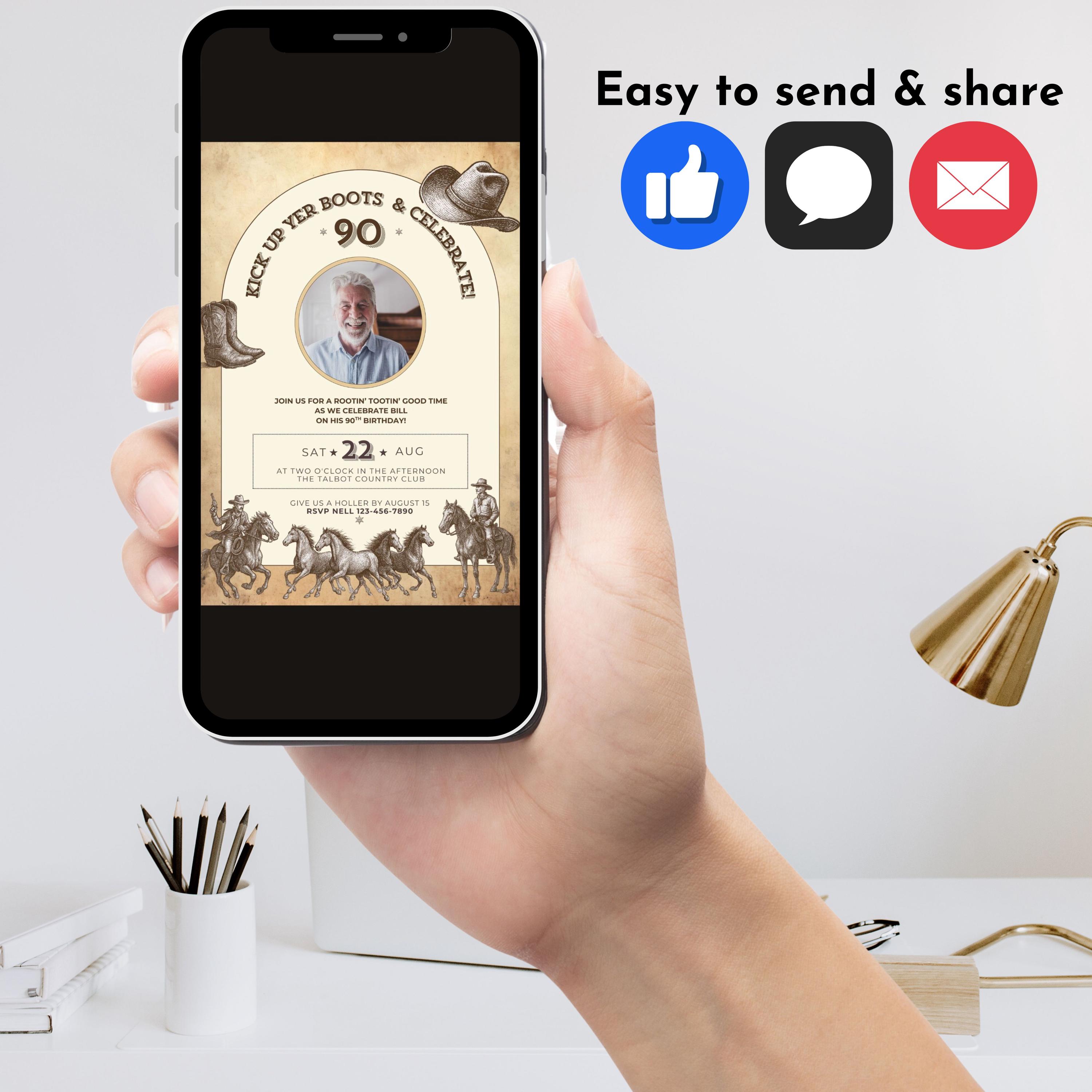 90th Any Age Birthday Party Photo Invitation for Men, Retro Western ...
