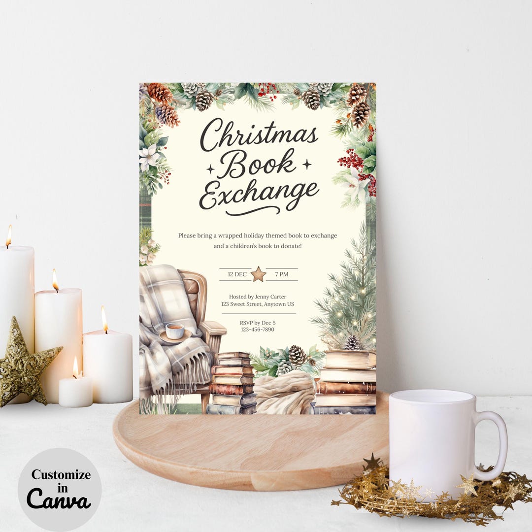 Christmas Book Exchange Invitation Template | Cozycore Holiday Party ...
