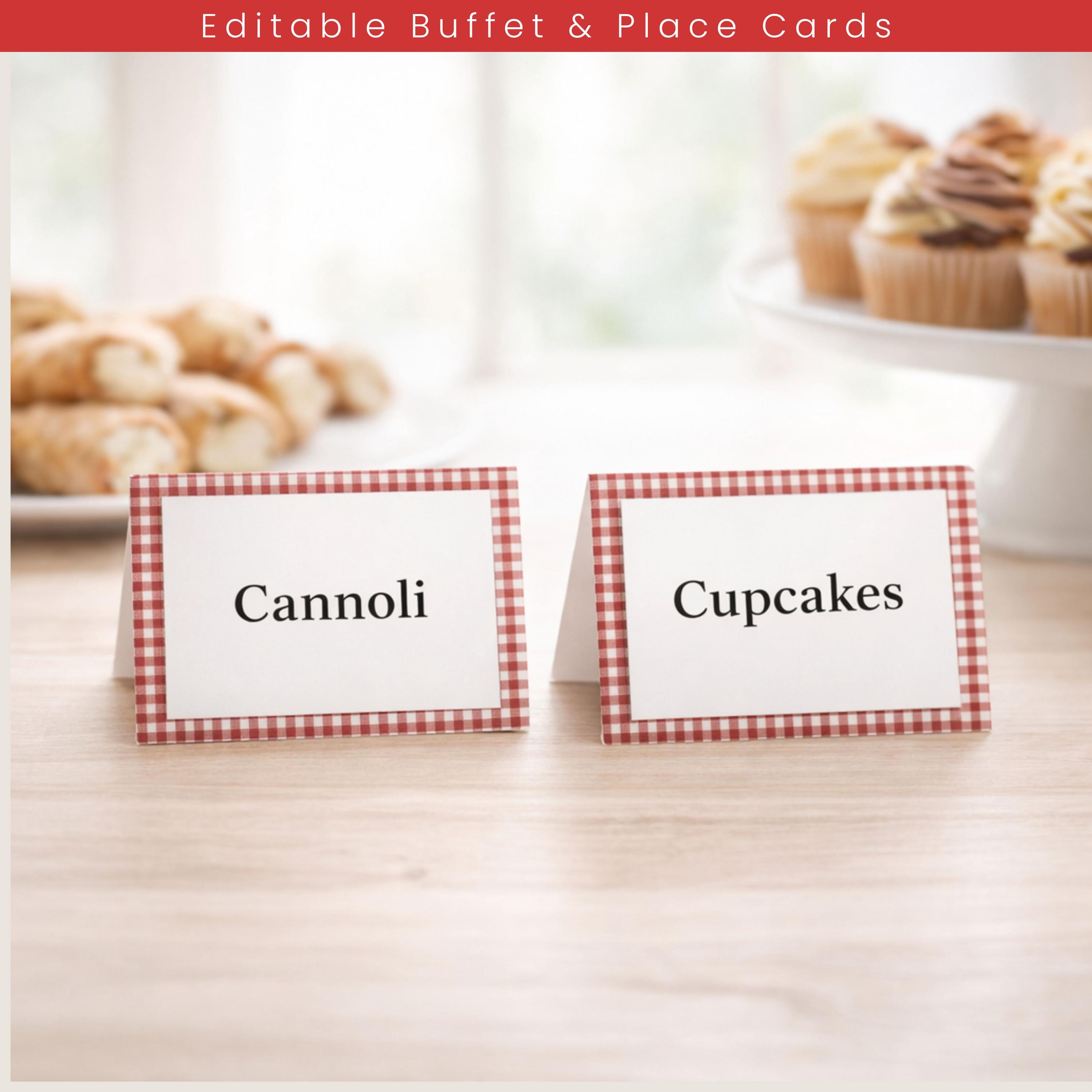 Editable Buffet Food Cards & Place Cards | Red Gingham Plaid Printable ...