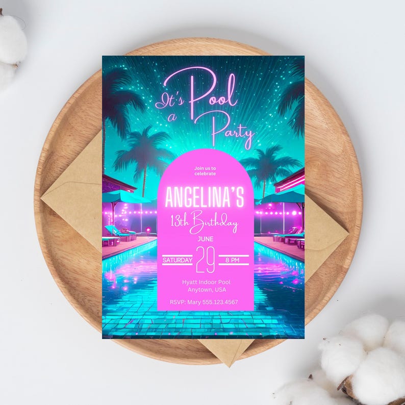 Glow Pool Party Birthday Invitation, Neon Tropical Swim Party Invite ...