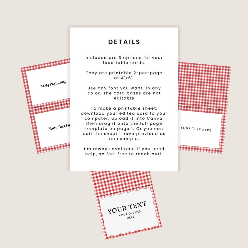 Editable Buffet Food Cards & Place Cards | Red Gingham Plaid Printable ...