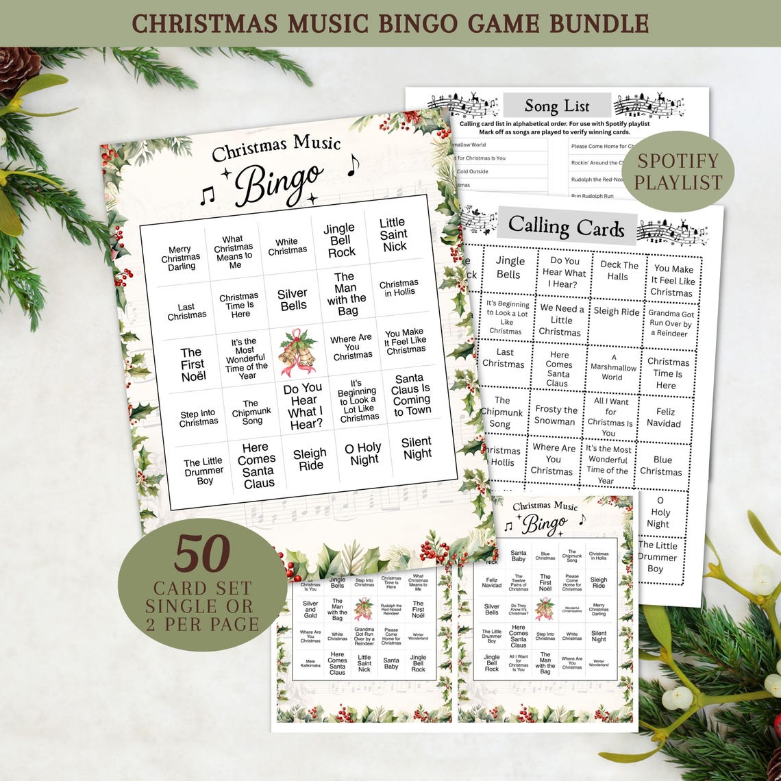 Christmas Music Bingo Game Bundle, Printable Holiday Party Kit, Song ...