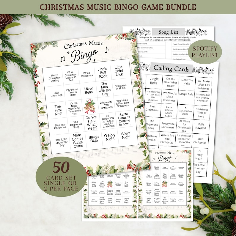 Christmas Music Bingo Game Bundle, Printable Holiday Party Kit, Song ...