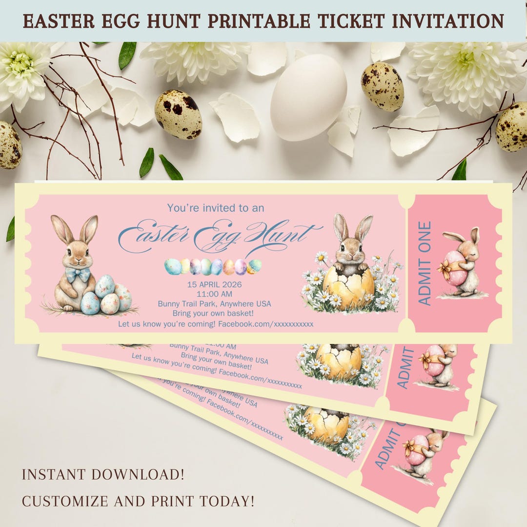 Easter Egg Hunt Ticket Invitation, Easter Coupon Voucher for Kids, Easy ...