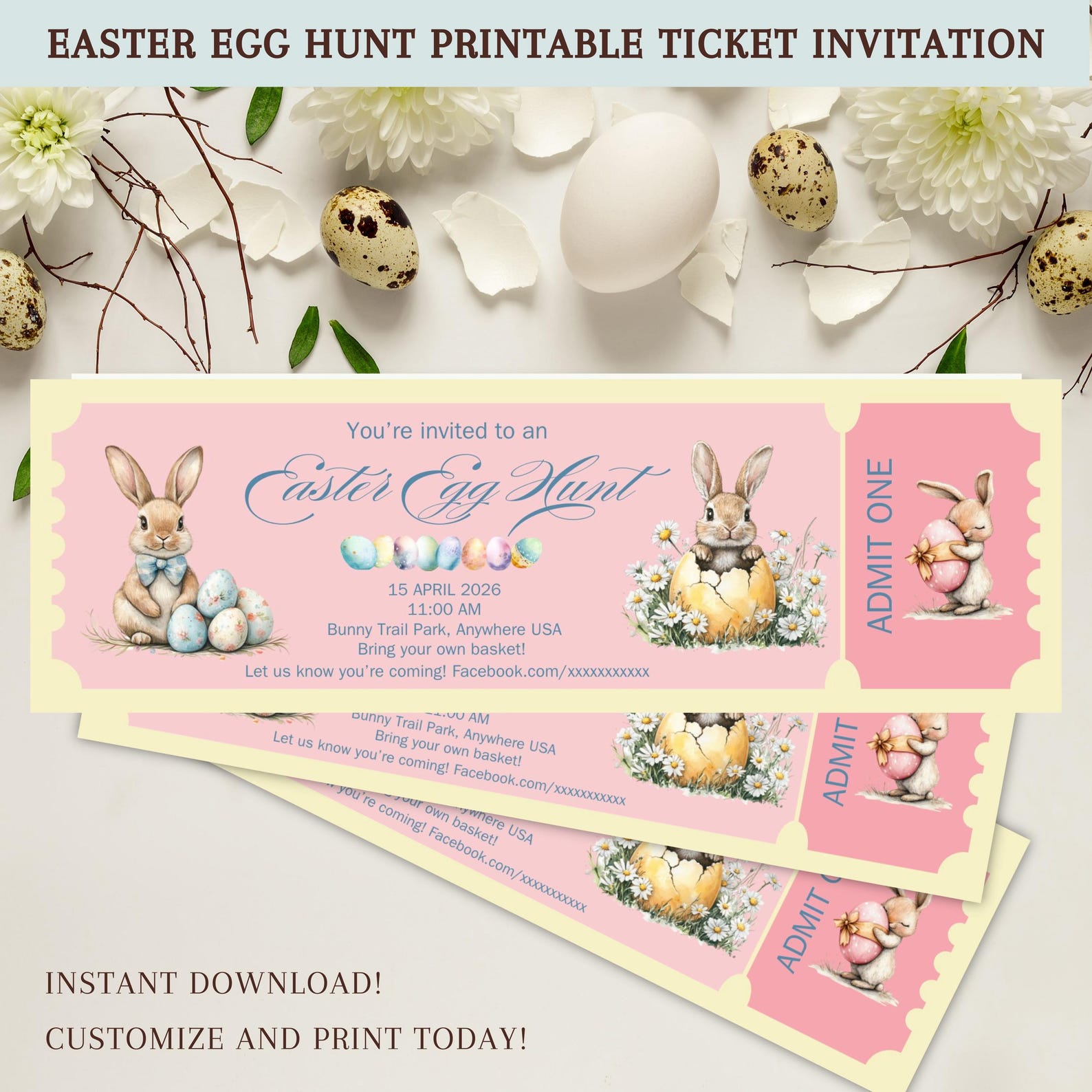 Easter Egg Hunt Ticket Invitation, Easter Coupon Voucher for Kids, Easy ...