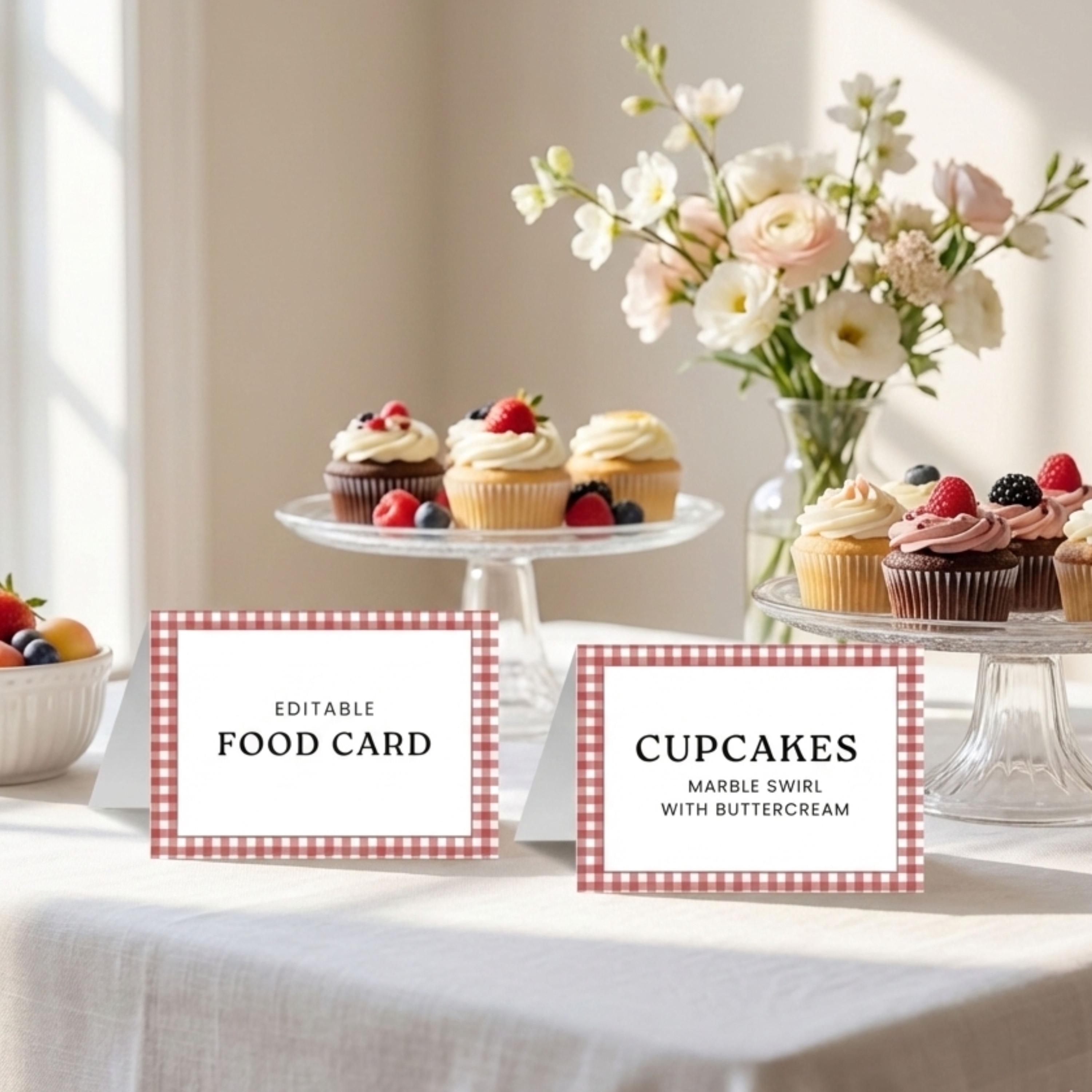 Editable Buffet Food Cards & Place Cards | Red Gingham Plaid Printable ...