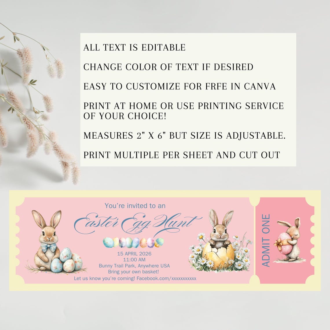 Easter Egg Hunt Ticket Invitation, Easter Coupon Voucher for Kids, Easy ...
