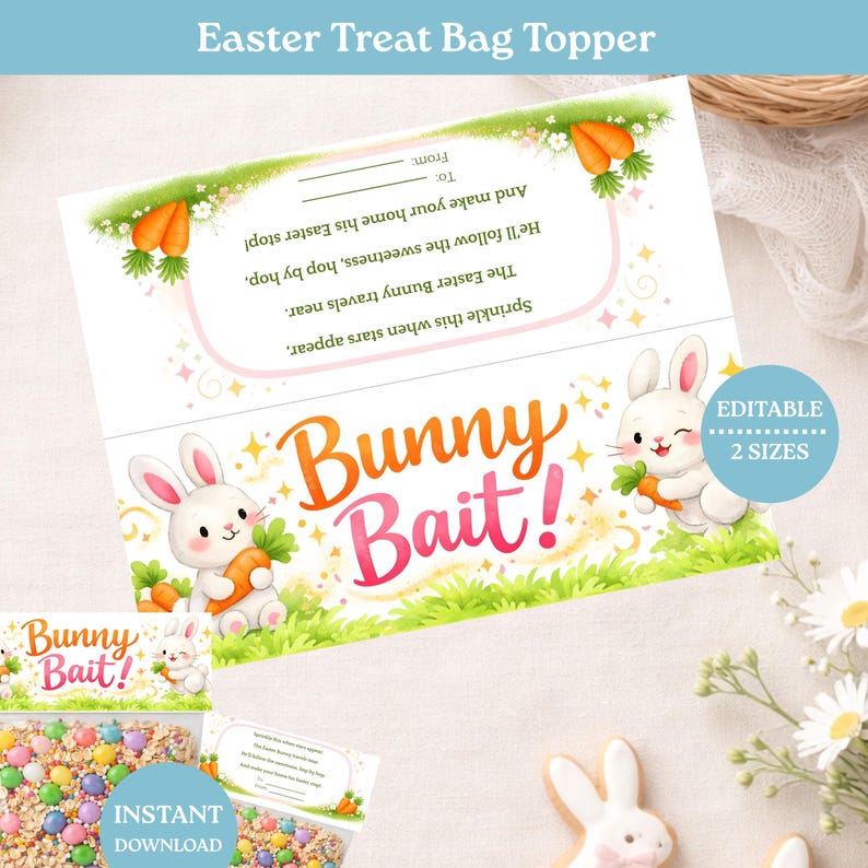 Bunny Bait Easter Bag Toppers, Pastel Watercolor Easter Favor Tags ...