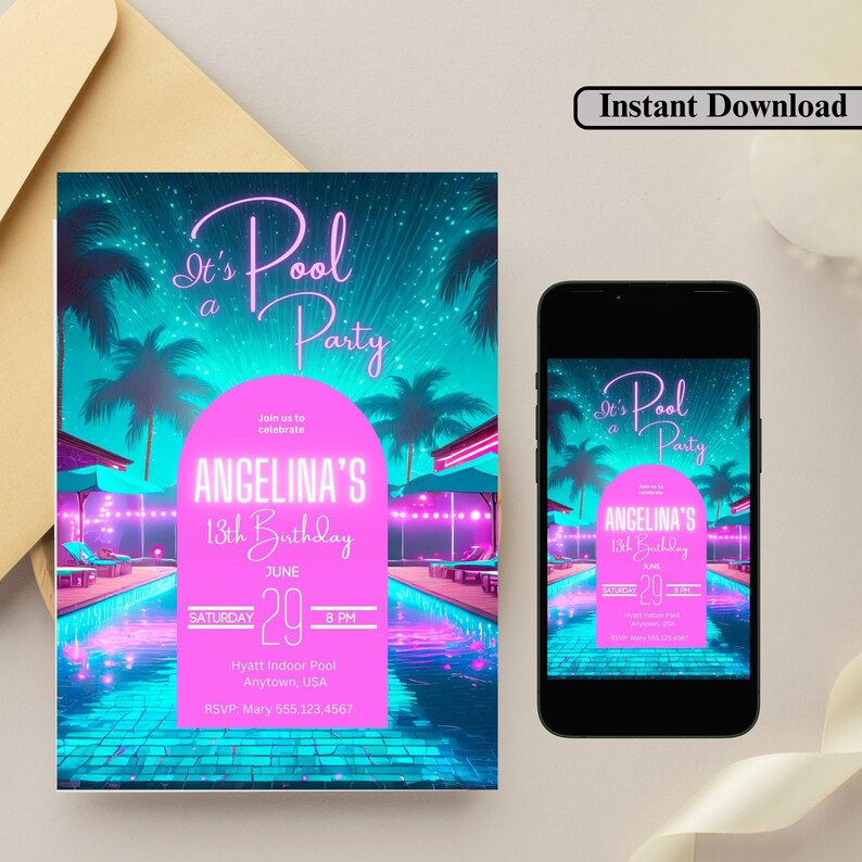 Glow Pool Party Birthday Invitation, Neon Tropical Swim Party Invite ...