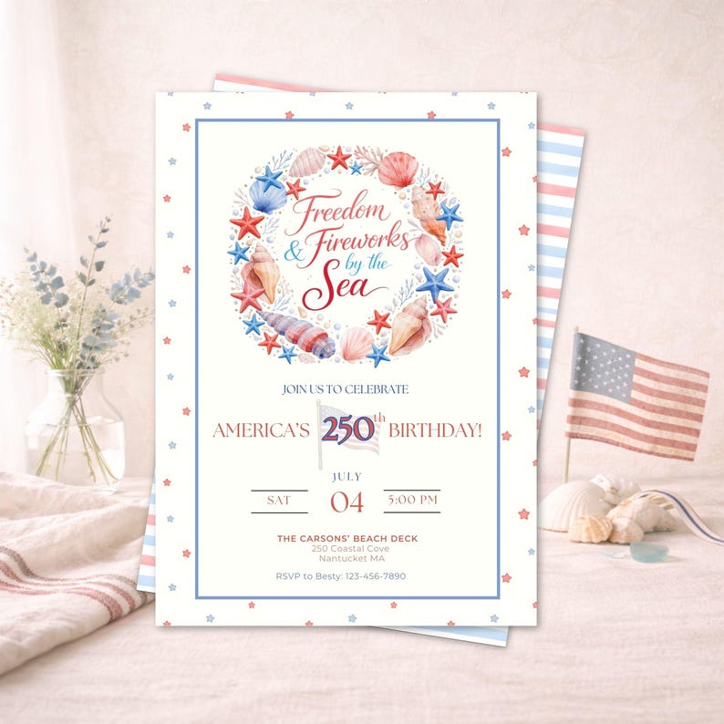 America’s 250th Birthday Invitation, Editable 4th of July Beach Party ...