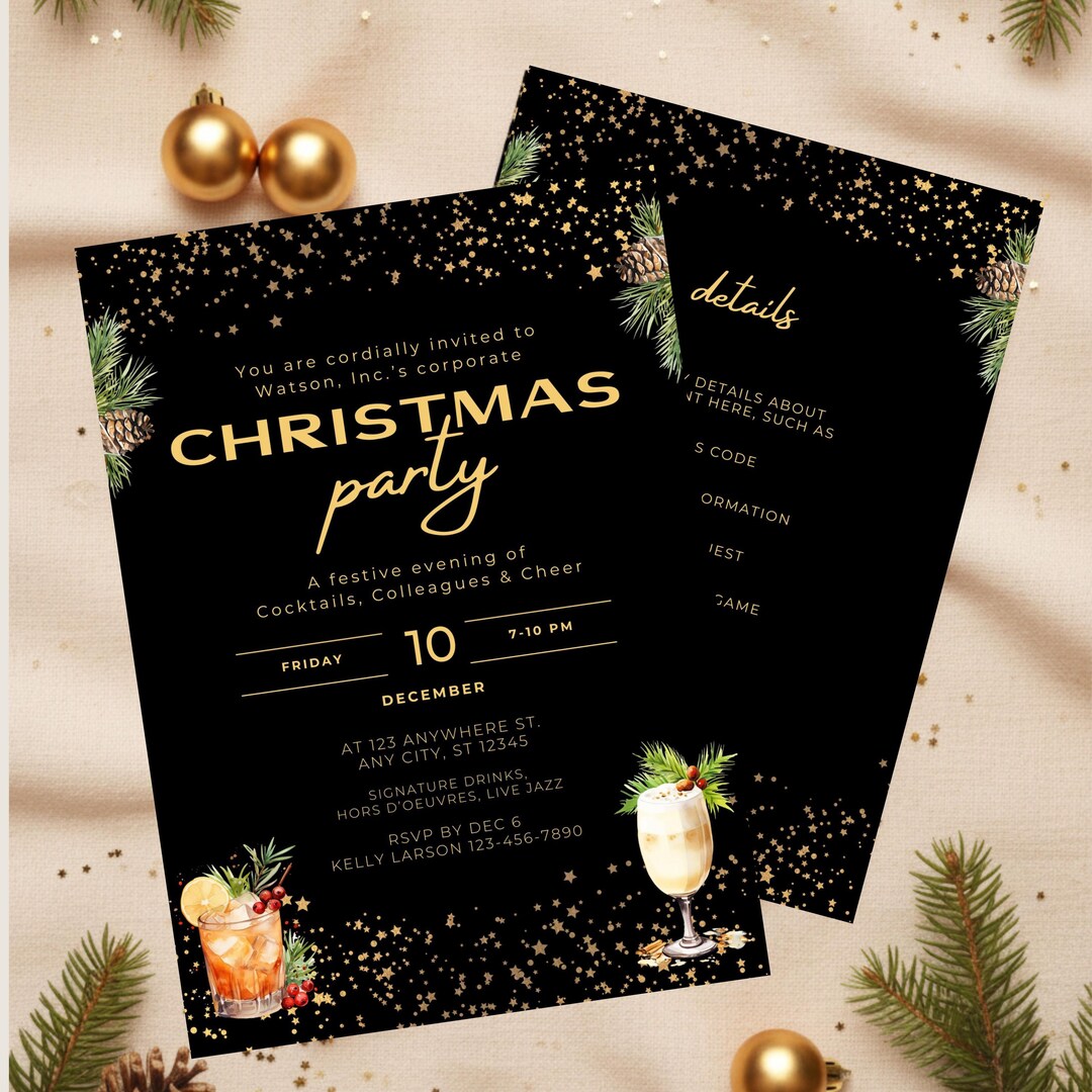Office Christmas Party Invitation, Editable Corporate Holiday Cocktail ...