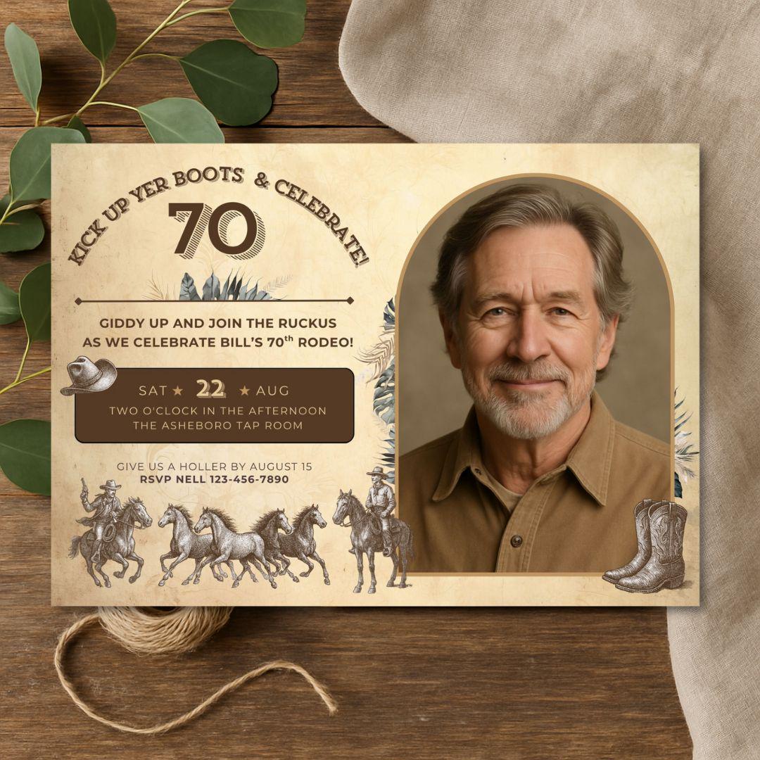 70th Birthday Party Western Photo Invitation for Men, ANY Age Retro Boho Cowboy Rodeo Ranch ...