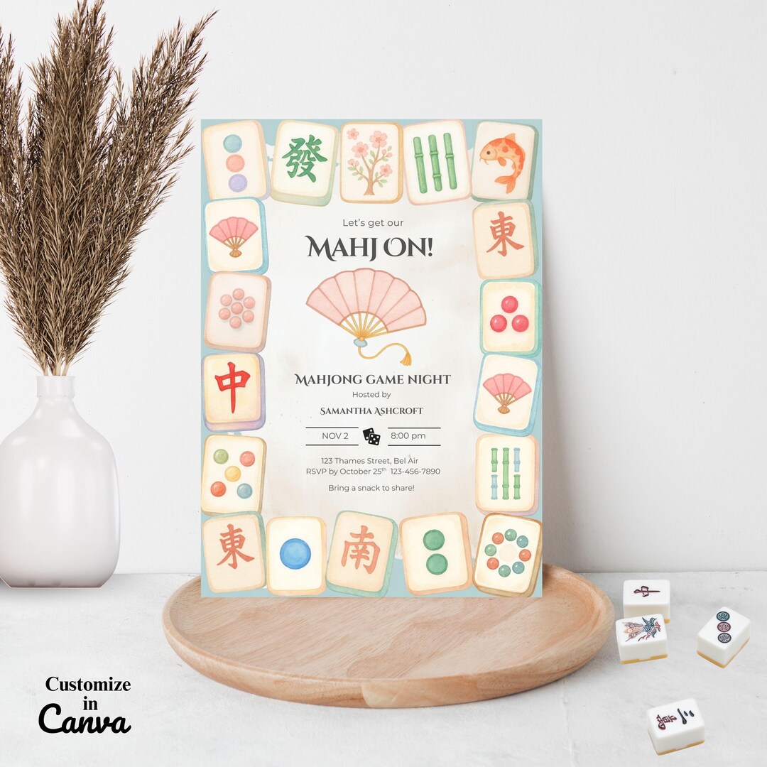 Mahjong Game Night Invitation | Let’s Get Our Mahj on | Watercolor Tile ...