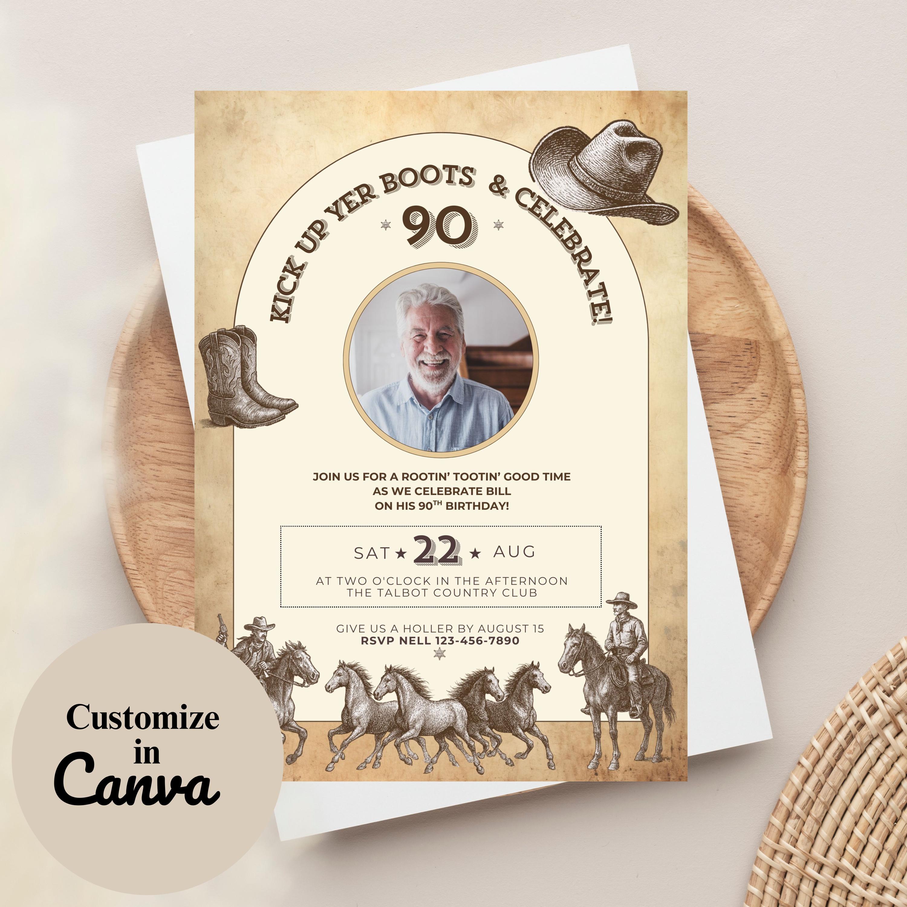 90th Any Age Birthday Party Photo Invitation for Men, Retro Western ...