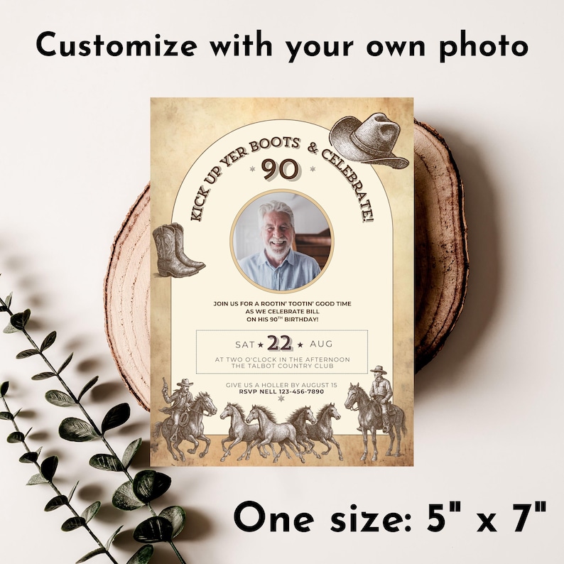 90th Any Age Birthday Party Photo Invitation for Men, Retro Western ...