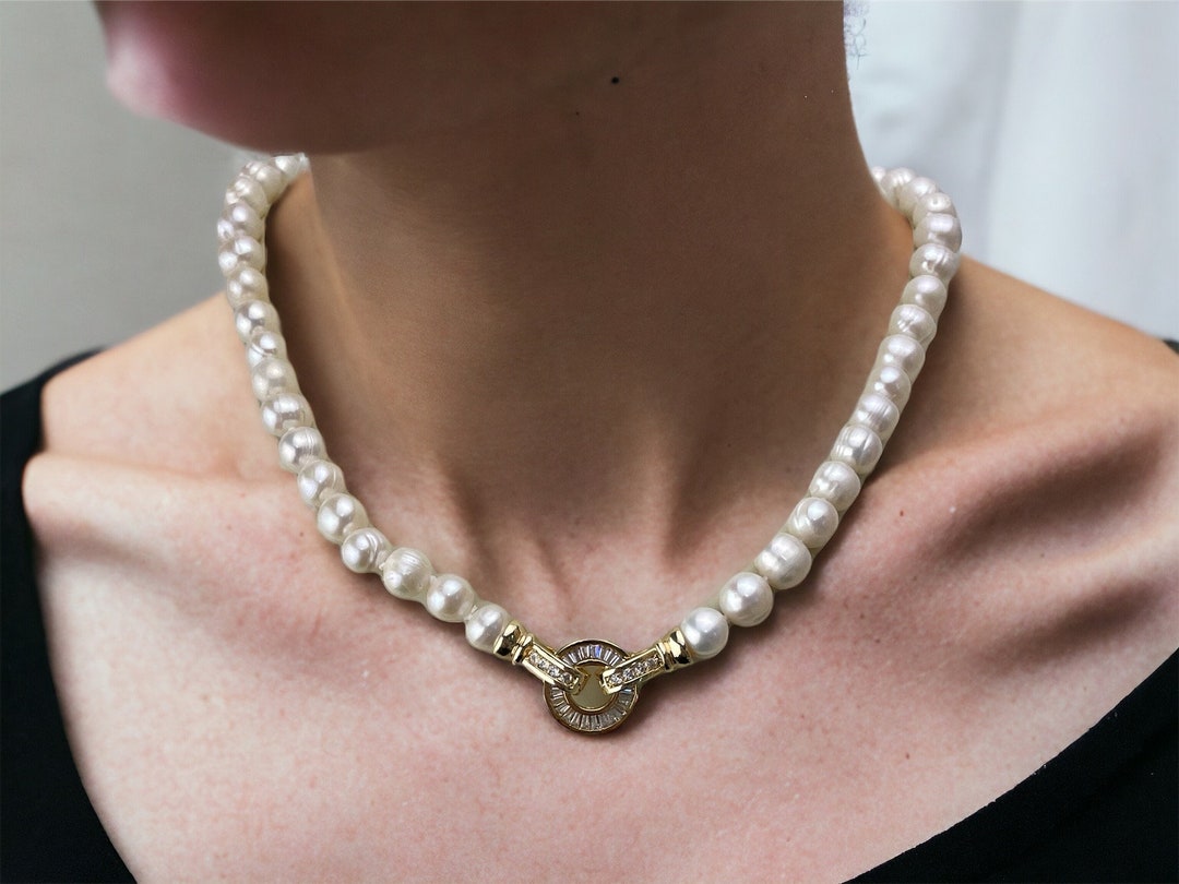 Pearl Necklace With Gold Lock Pearl With Micro Pave Cz Lock Pearl ...