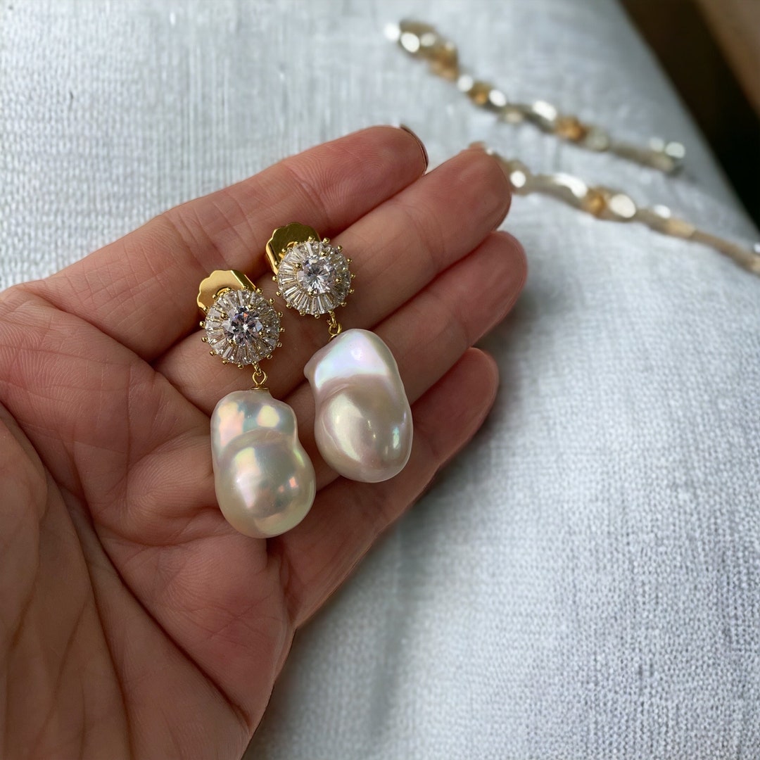 Hochzeit Barock Perlen Ohrringe Barocke Perlen-Goldohrringe Barock mit CZ Stein Barock Ohrring ...