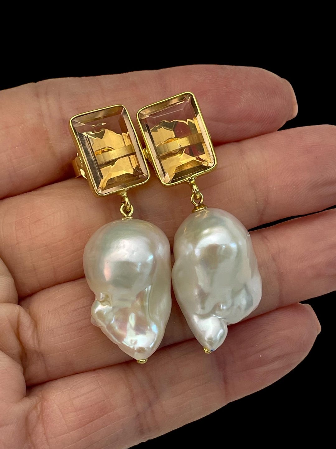 Peach Quartz Gemstone With Baroque Pearl Earrings; Inverted Baroque ...
