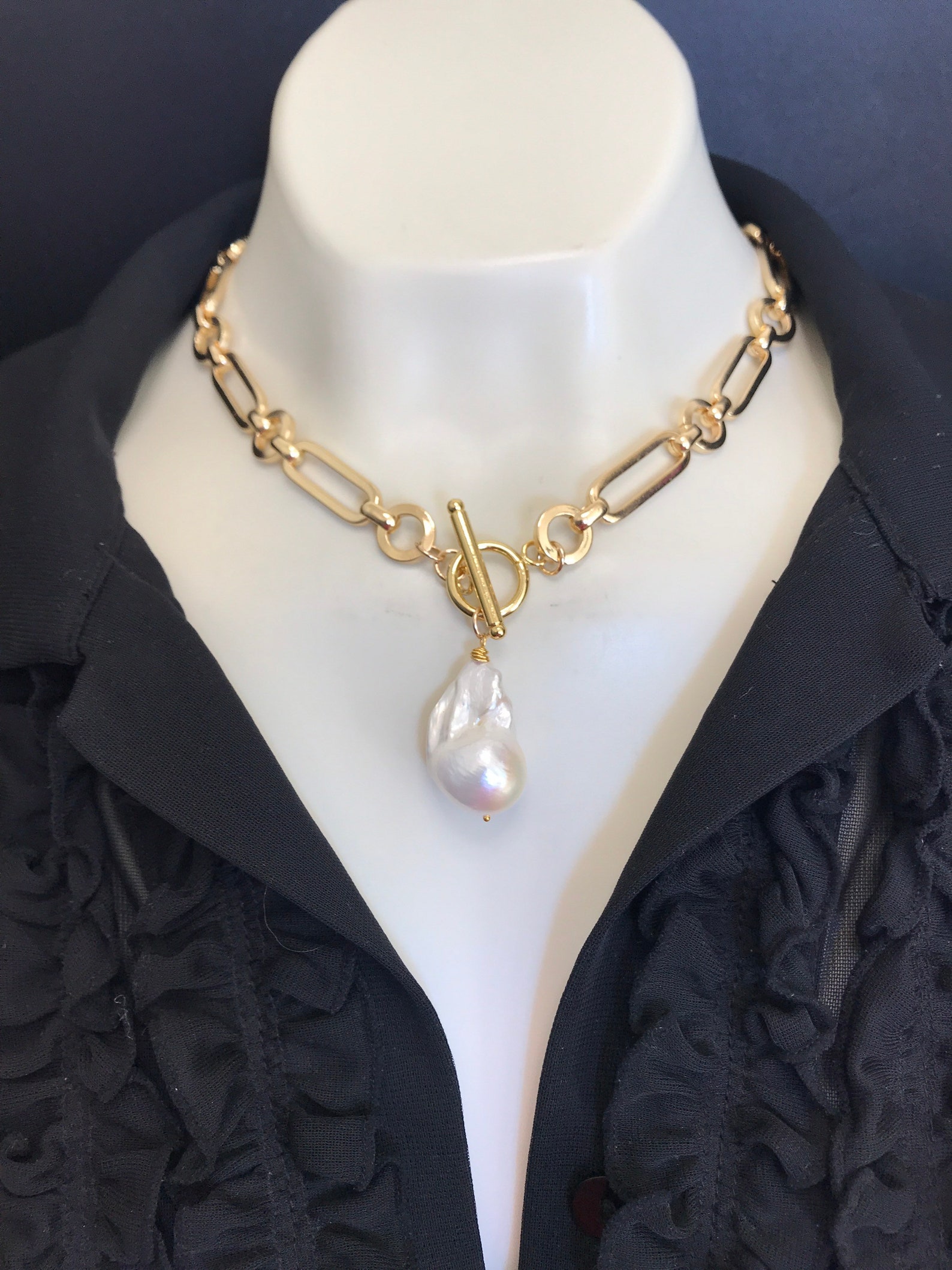 Chunky Gold Necklace With Pearl Pendant Gold Filled Chain - Etsy