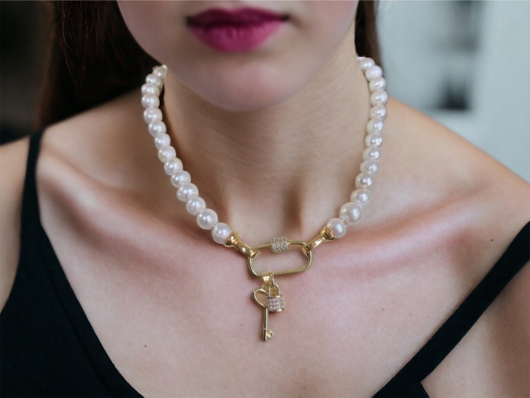 Lock and Key Pearl Necklace, Gold Key and Padlock Charm Pearl Layering ...
