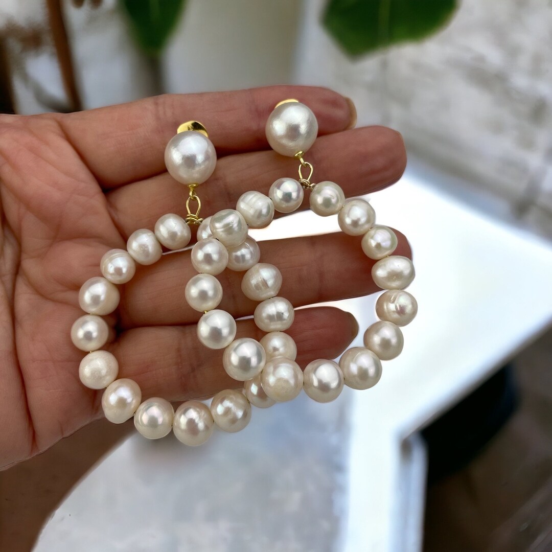 Pearl Loop With Pearl Stud; Full Circle Pearl Earrings; Large Hoop ...