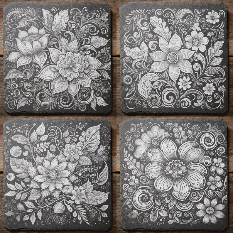 4 Fancy Flower Digital Files for Engraving Slate Coasters (PNG) - Etsy