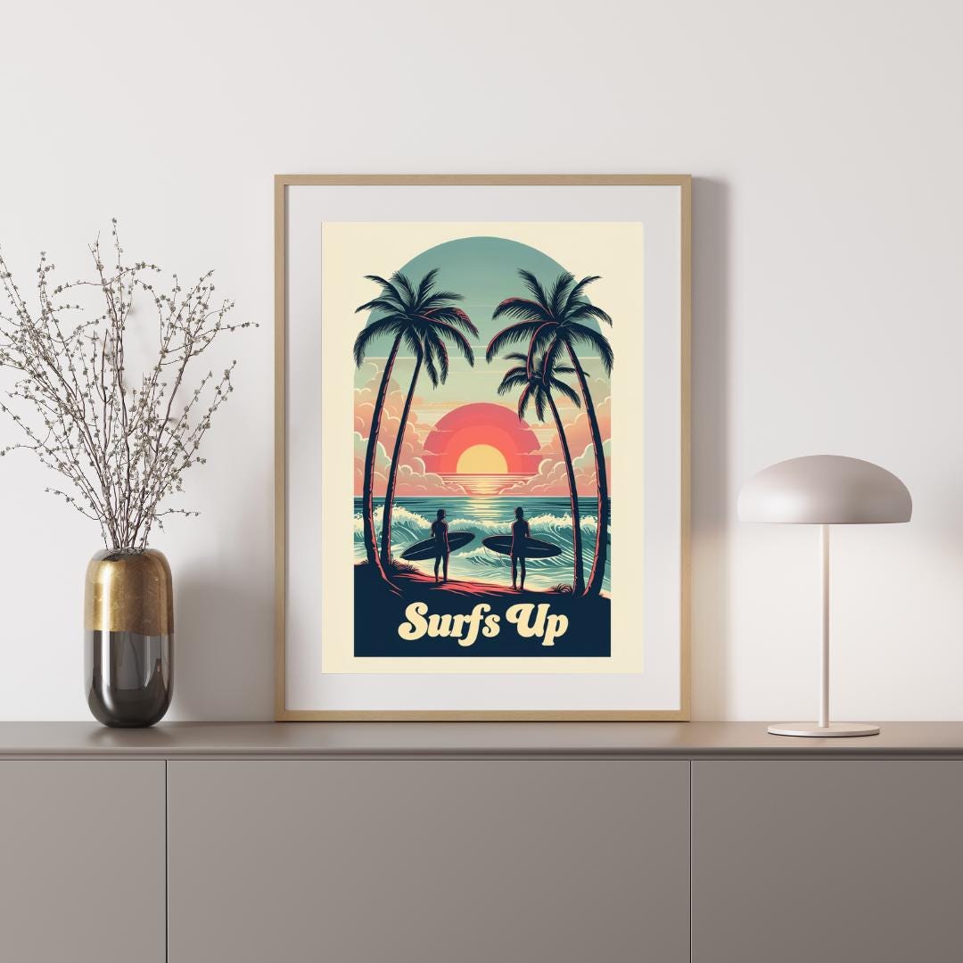 Surfs up Poster, Retro Beach Sunset Wall Art, Digital Download - Etsy