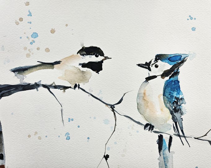 Blue Jay & Chickadee on Birch Branch – Original Watercolor Painting 12 ...
