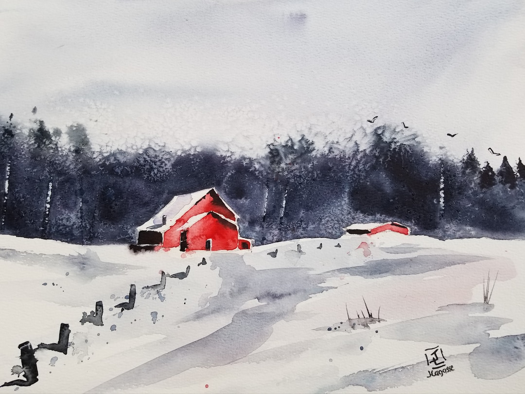 Red Barn Winter Landscape, Original Watercolor, Landscape Painting ...