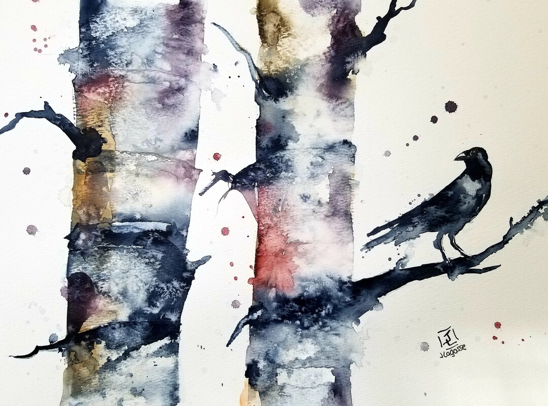 Birch Tree and Crow Painting, Landscape Painting, Animal Painting ...