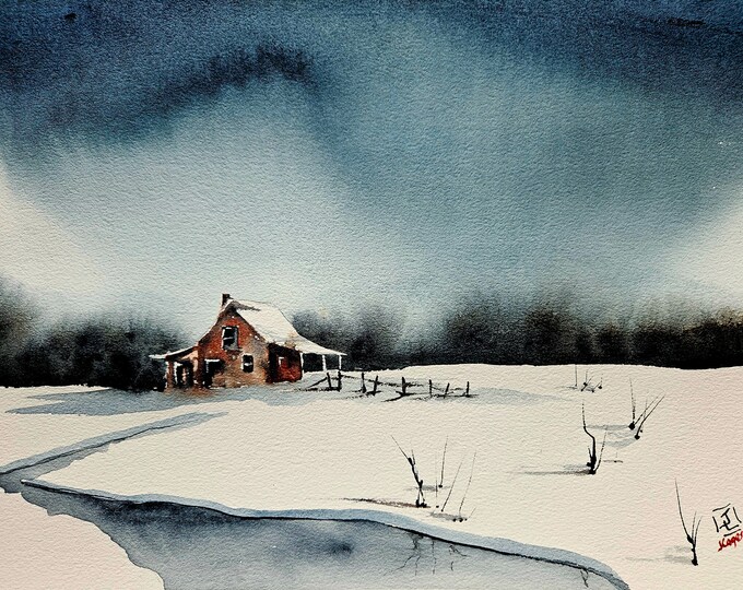 Watercolor Original Painting, Winter Landscape Painting, Maine Art ...