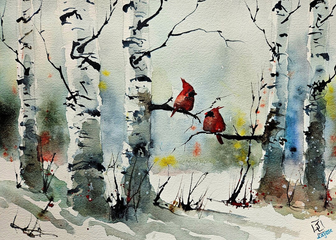 Watercolor Original Painting, Cardinal Landscape Painting, Cardinal ...