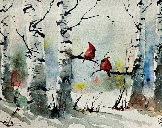 Watercolor Original Painting, Cardinal Landscape Painting, Cardinal ...