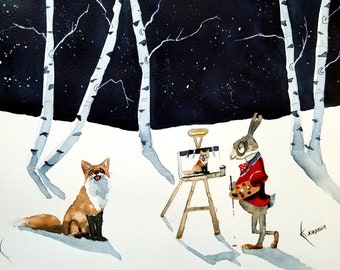 Owl and Fox Print, Landscape Print, Original Art, Winter Art, Painting ...