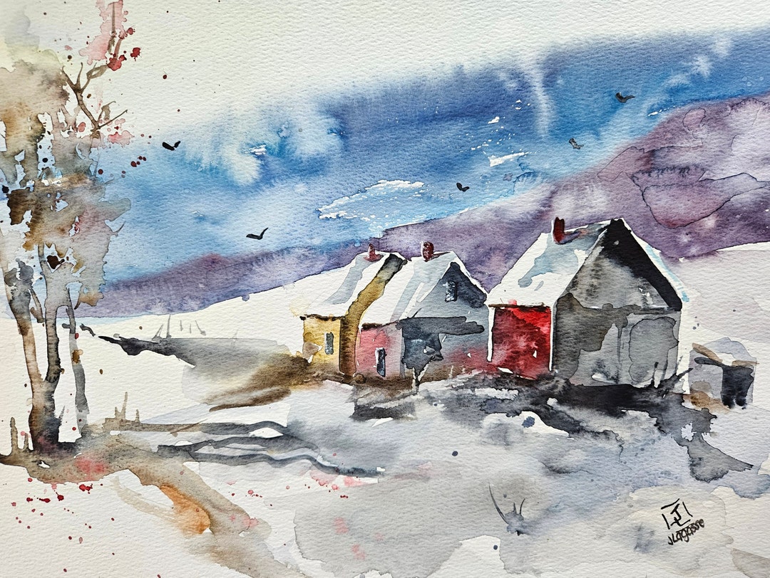 Red Barn Winter Landscape, Original Watercolor, Landscape Painting ...