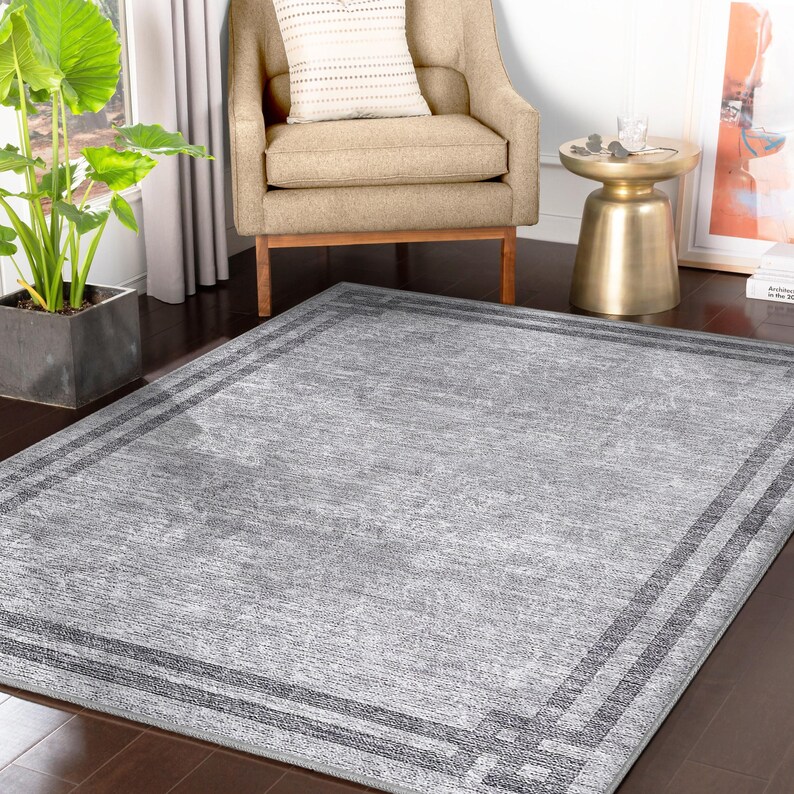 Classic Gray Border Area Rug - Subtle Linear Frame Design Mat - Anti ...