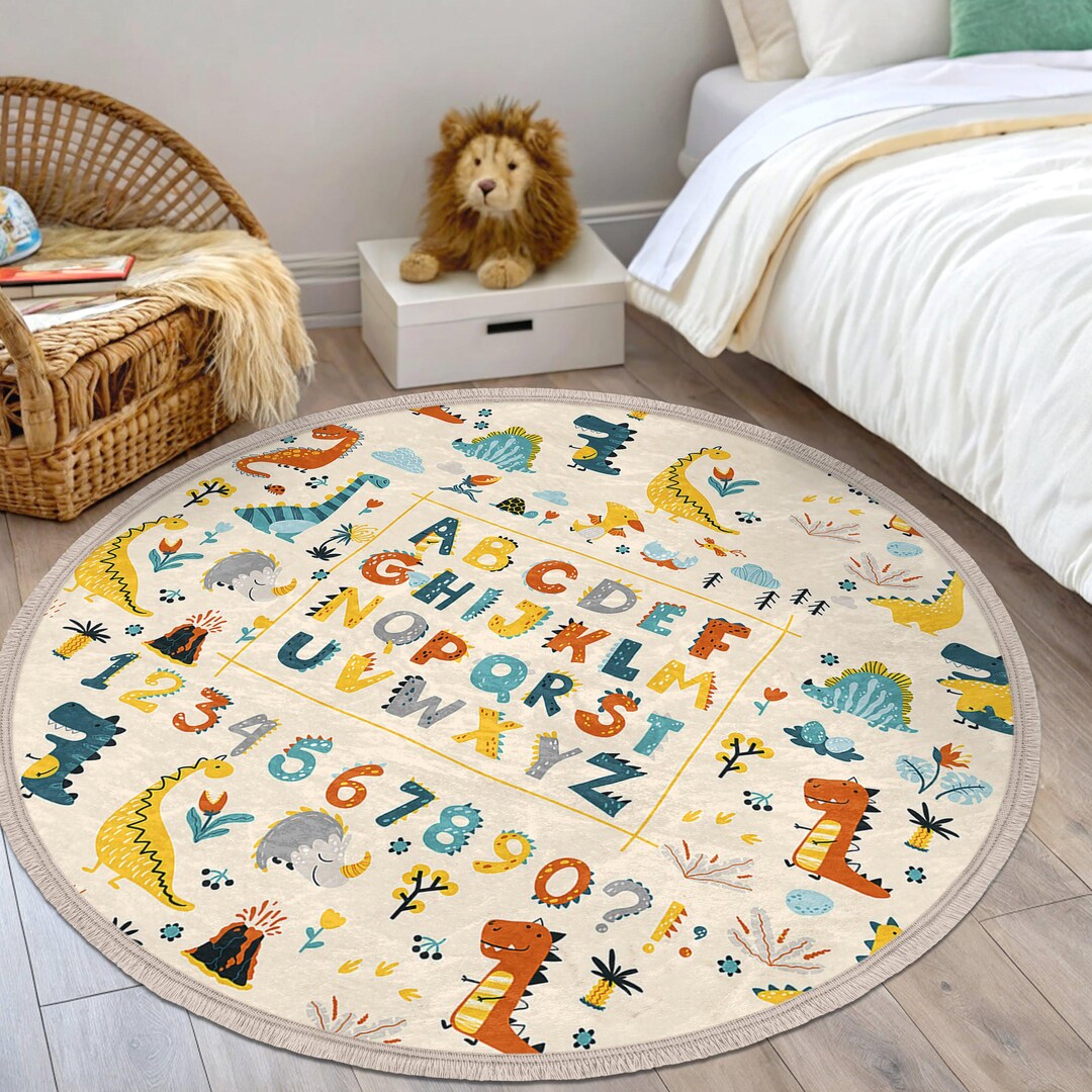 Dinosaur Alphabet Numbers Educational Round Rug - Dino Learning Playmat ...