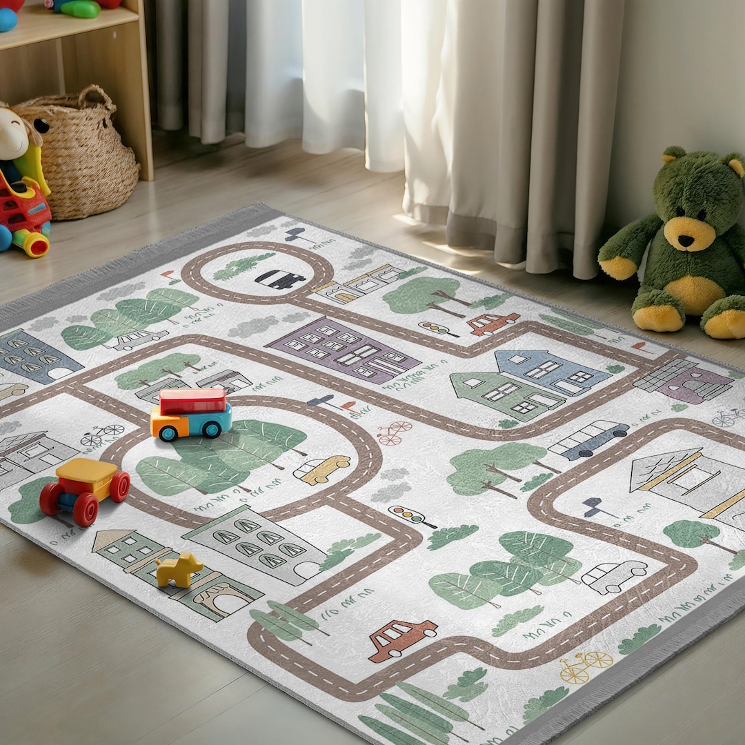 City Road Map Playroom Kids Rug - Town Street Traffic Nursery Carpet ...