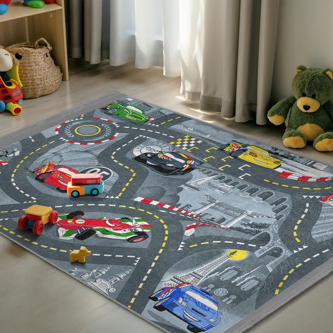 Racing Car Track Kids Room Rug - Colorful Vehicle Roadmap Carpet - Gray ...