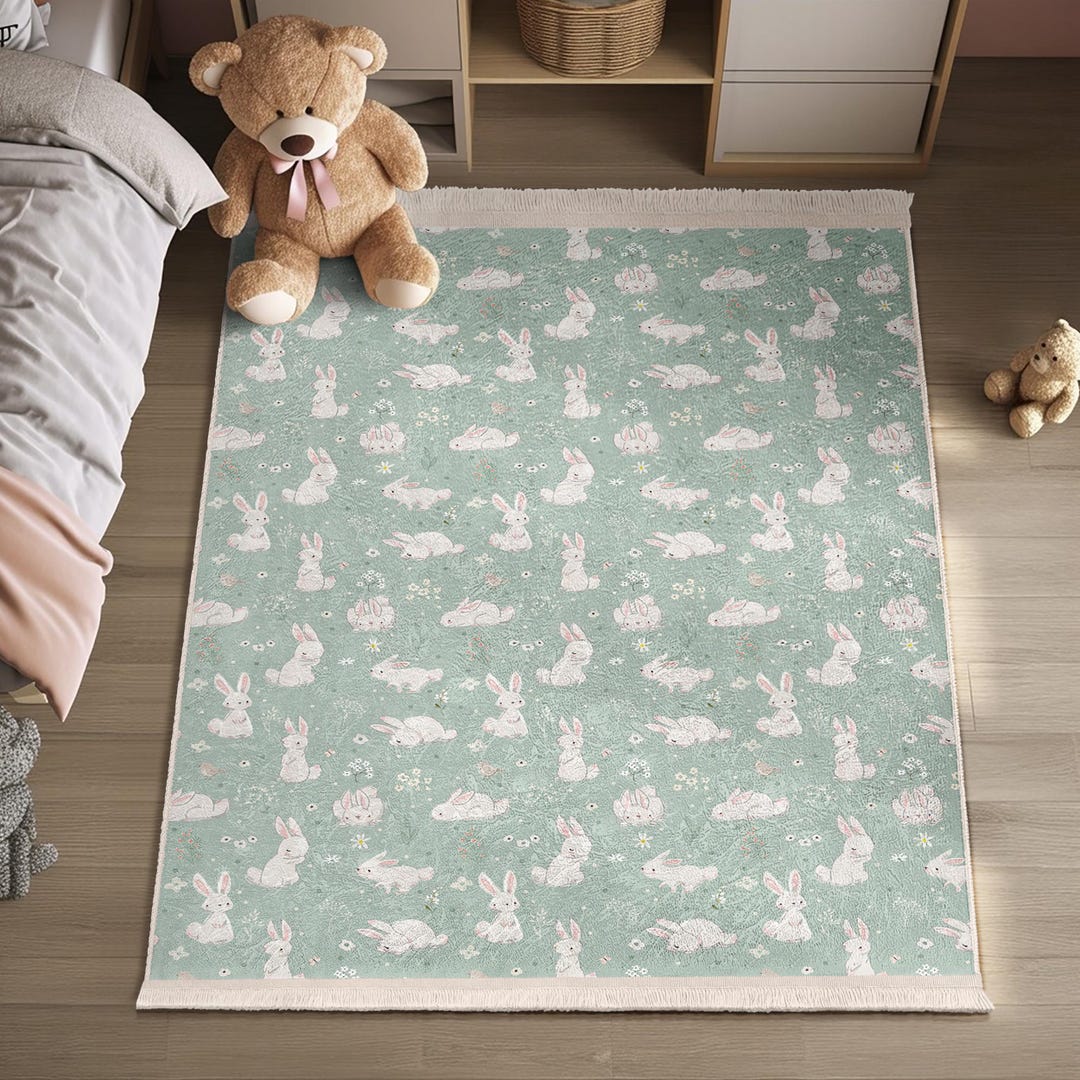 Mint Green Bunny Rabbit Nursery Carpet - Whimsical Woodland Creature ...