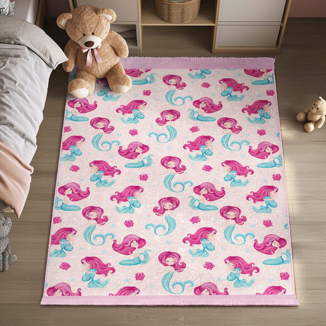 Mermaid Beach Theme Kids Room Rug - Pink Turquoise Underwater Pattern Mat - Colorful Fantasy ...