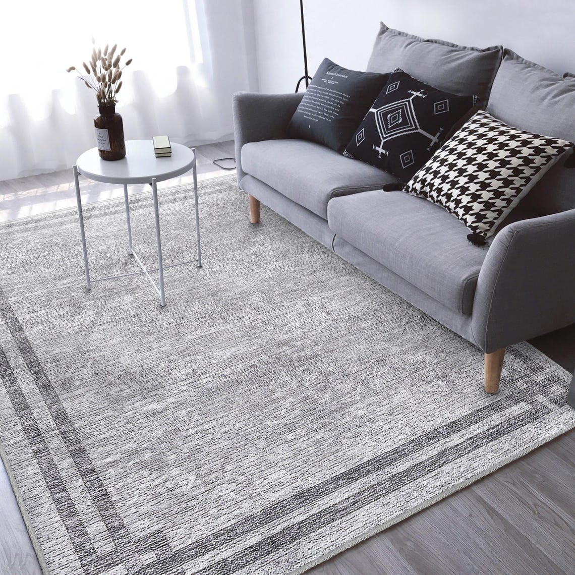 Classic Gray Border Area Rug - Subtle Linear Frame Design Mat - Anti ...