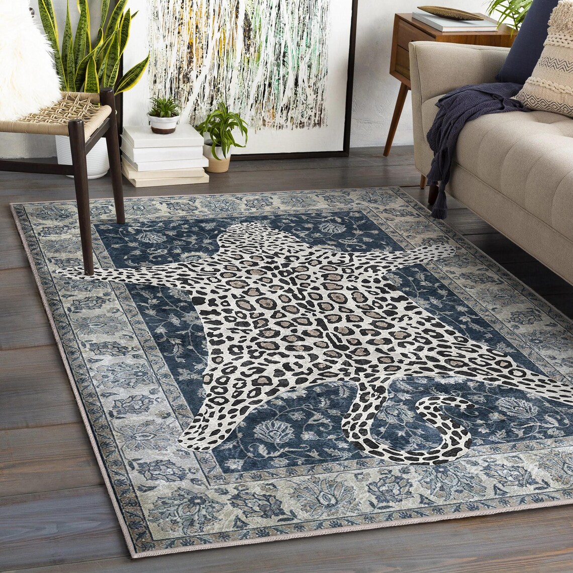 Blue Vintage Leopard Area Rug - Wildlife Inspired Carpet - Bold Pattern ...