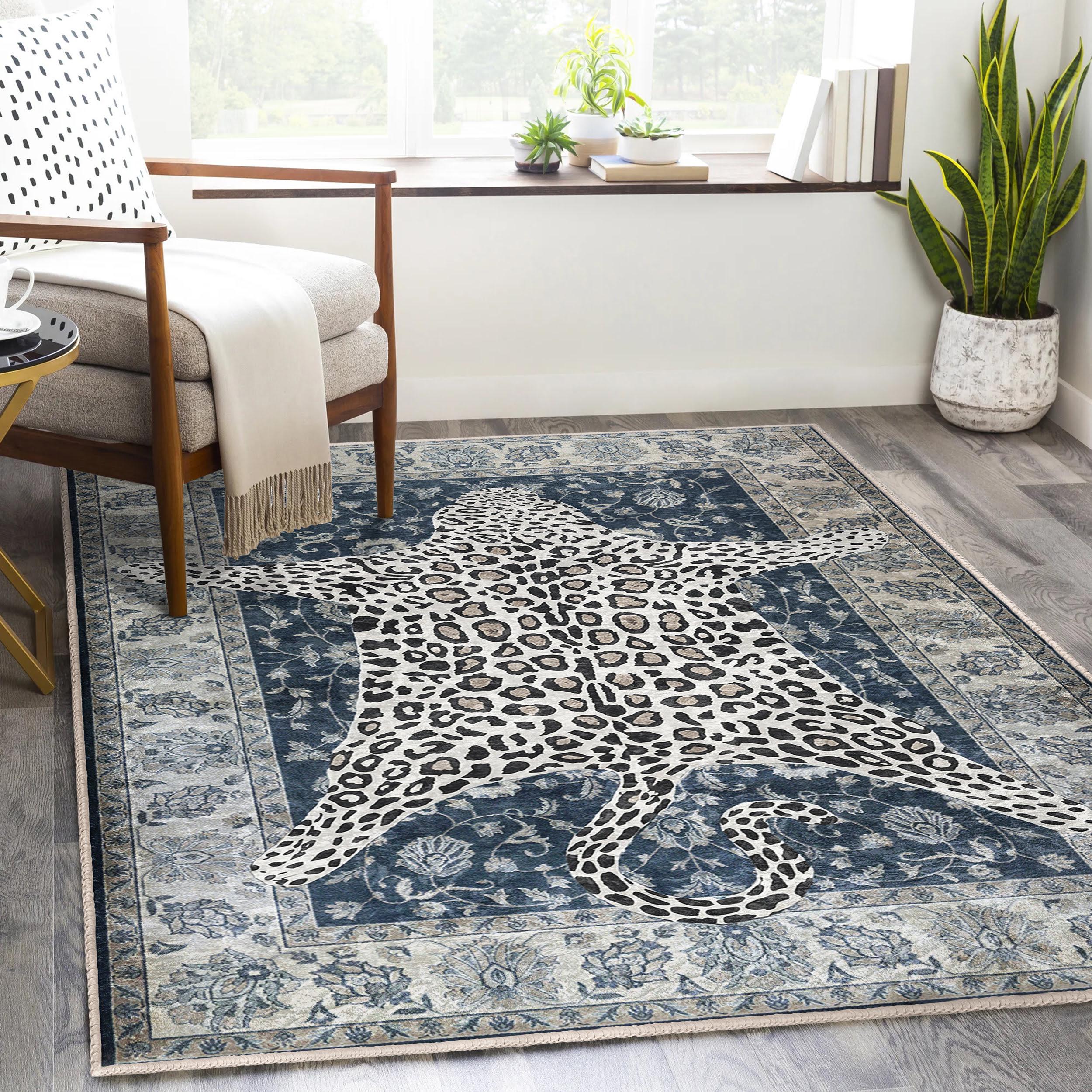 Blue Vintage Leopard Area Rug - Wildlife Inspired Carpet - Bold Pattern ...